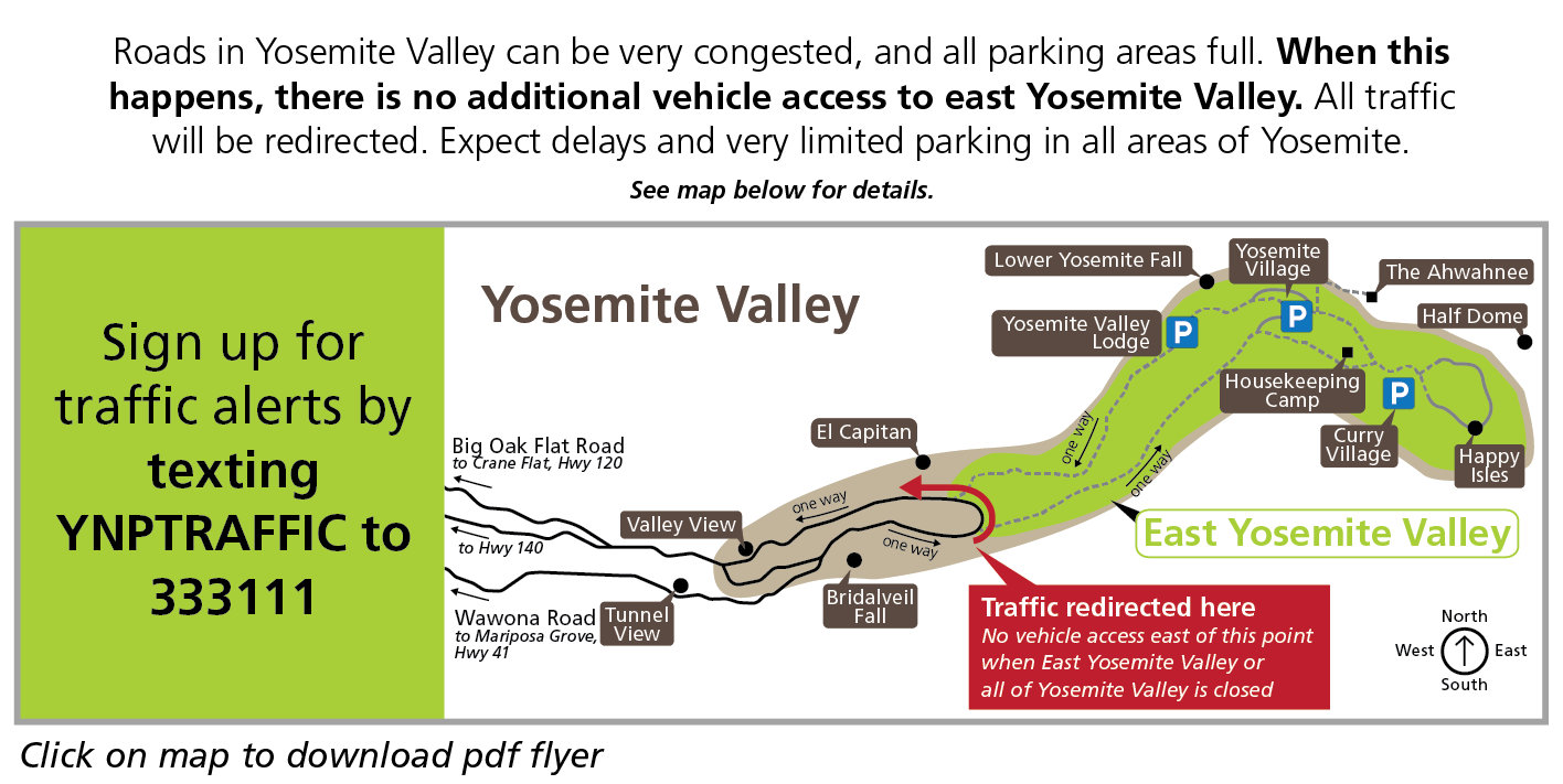 Yosemite traffic alerts sign up and valley map info graphic - ver 2